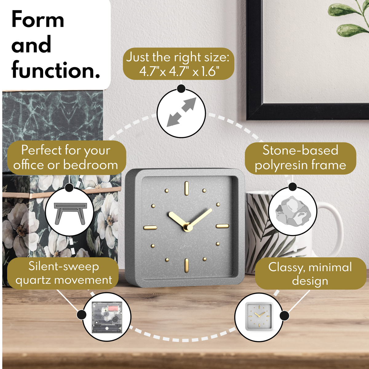 Driini Modern Mid Century Desk and Table Analog Clock (Grey with Gold)